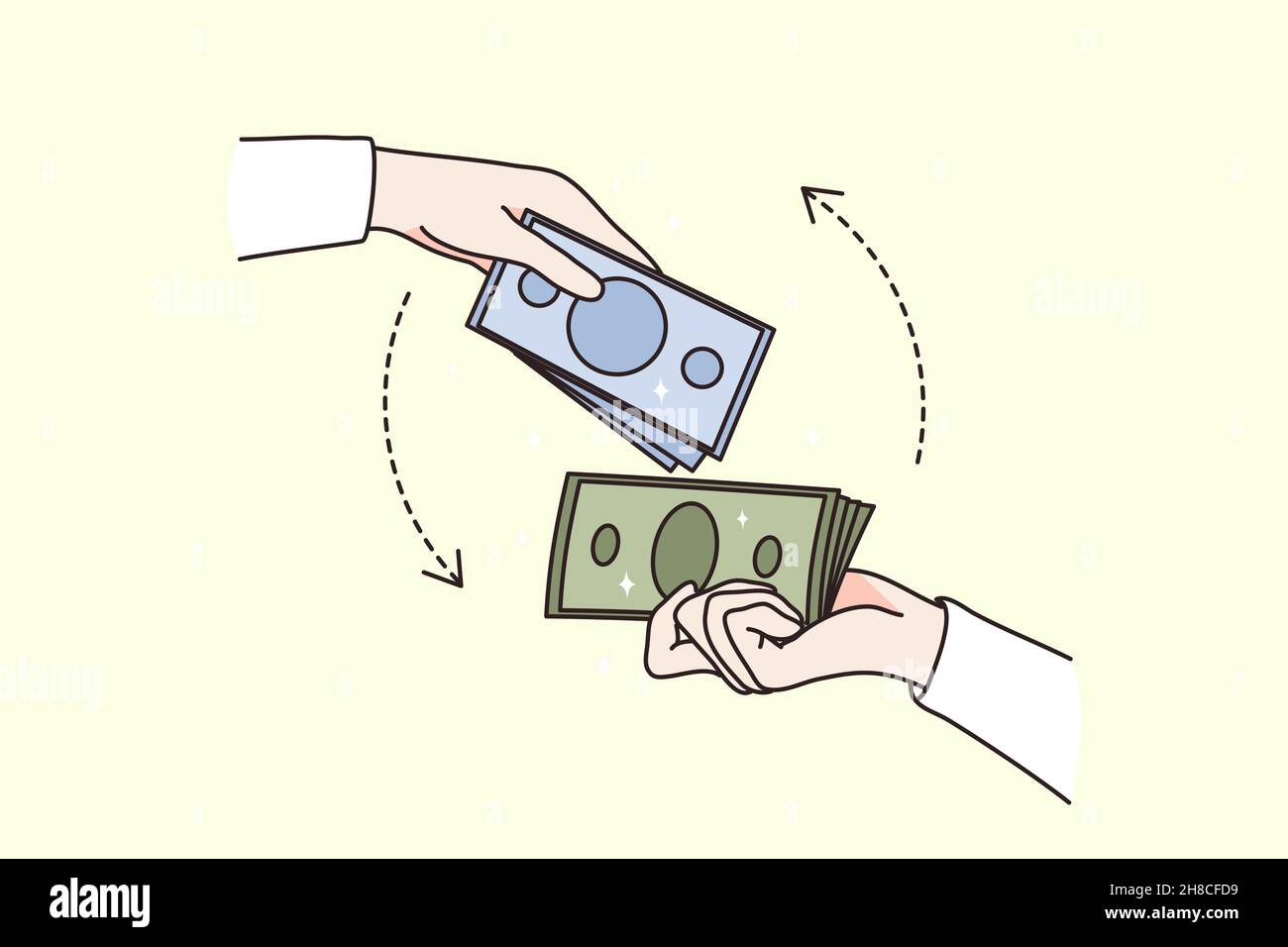 Money exchange and currency concept. Human hands giving and taking blue ...