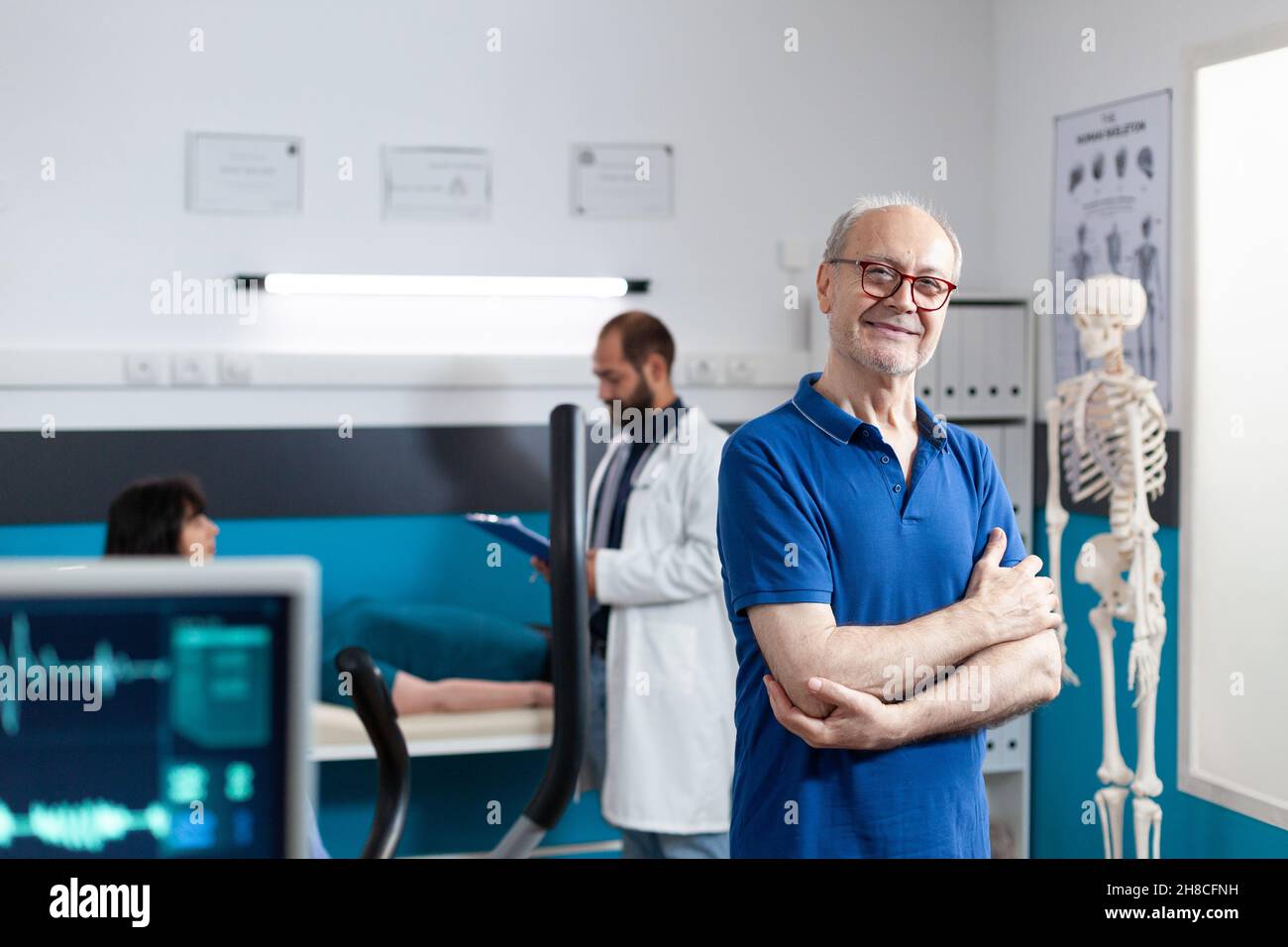 Portrait of aged person at physical recovery clinic for rehabilitation ...