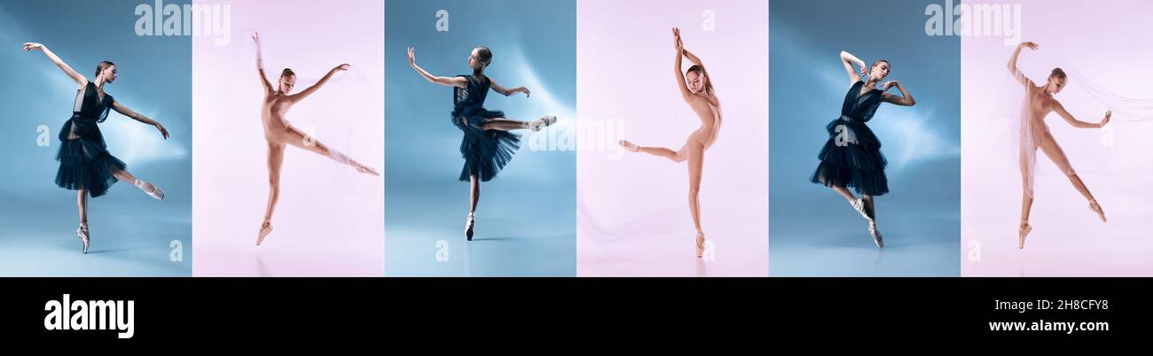 Collage of portraits of female ballet dancers dancing isolated on blue ...