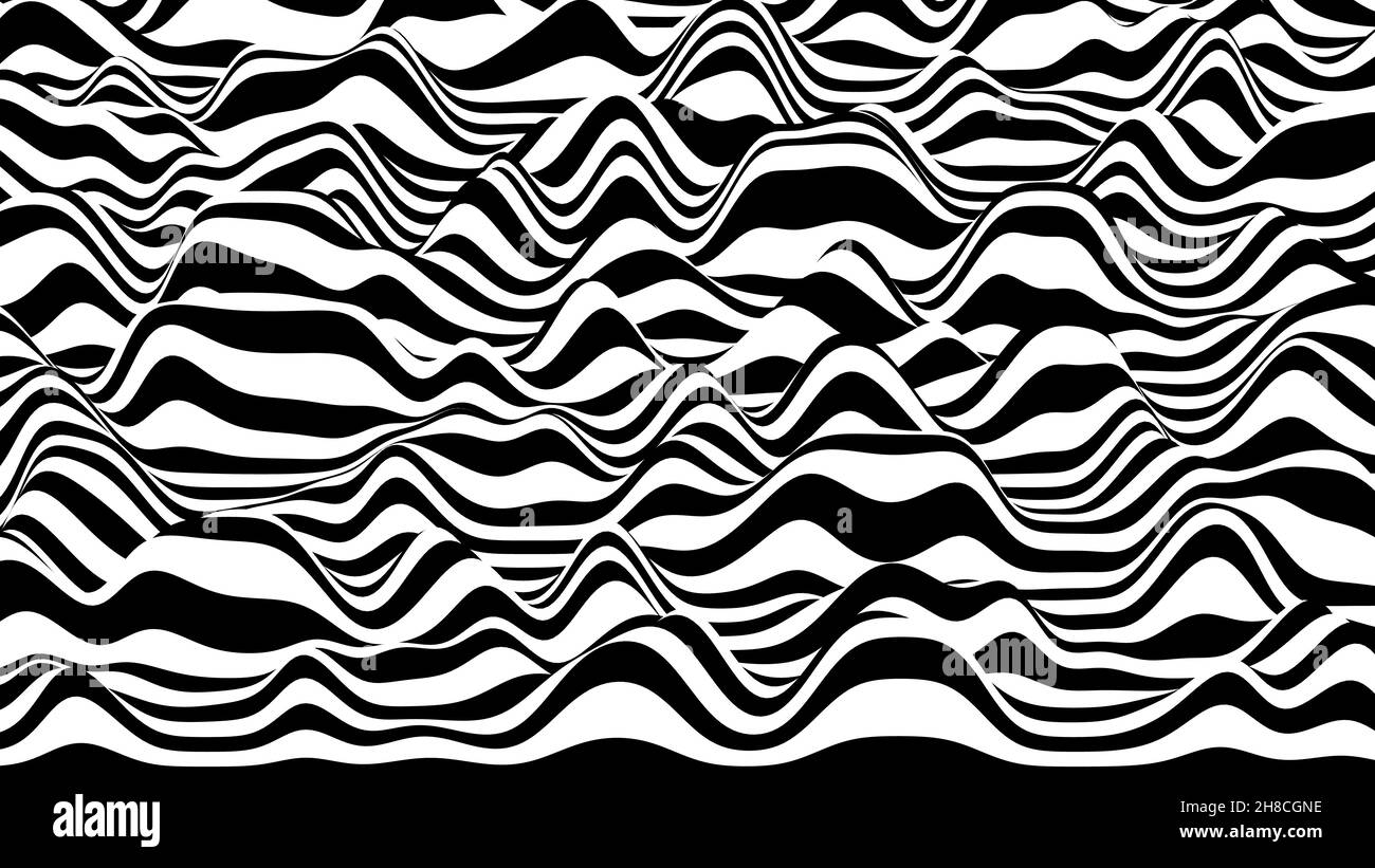 Trendy 3D black and white stripes distorted backdrop. Procedural ripple ...