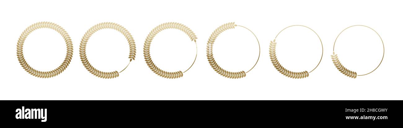 Golden laurel wreath round frame set. Rings with gold leaves, circle ...