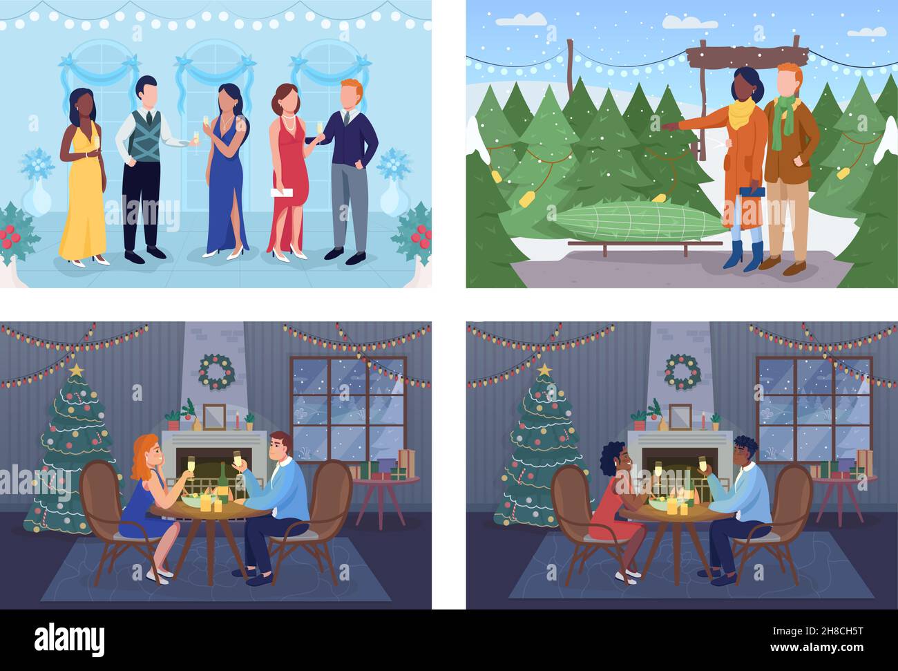 Christmas holiday preparation flat color vector illustration set Stock ...