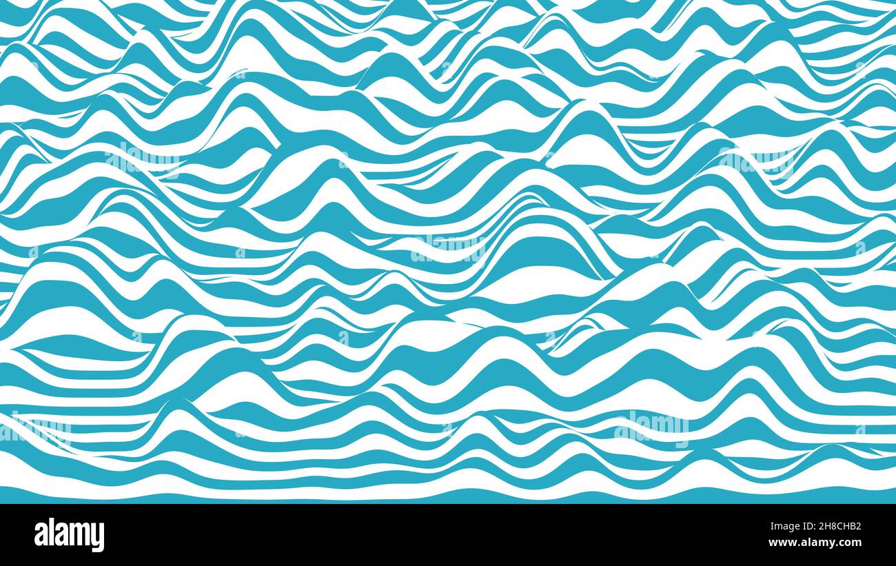 Trendy 3D blue and white stripes distorted backdrop. Procedural ripple ...