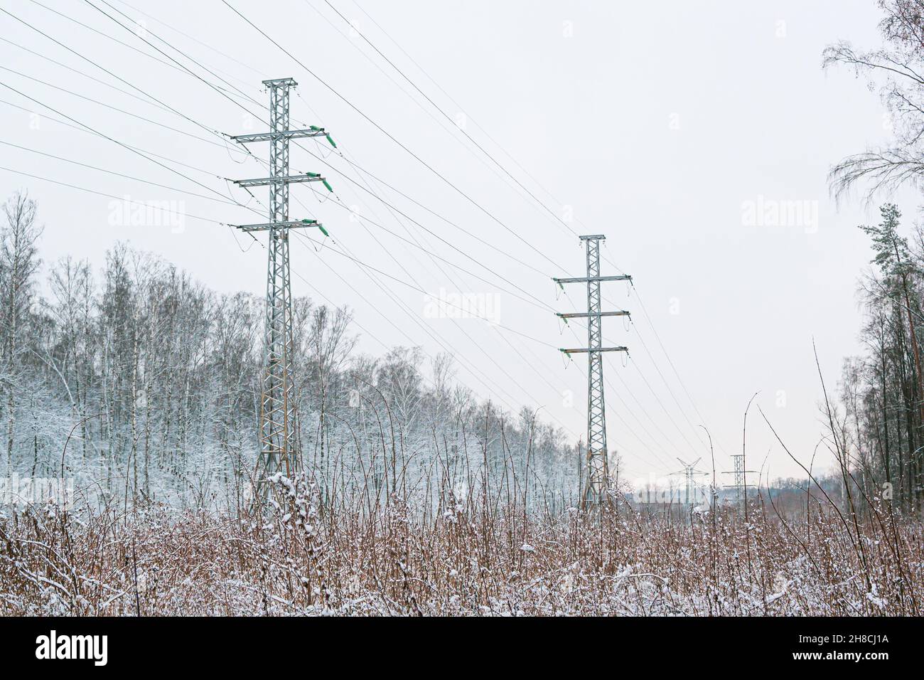 Energy distribution high voltage power line tower landscape with wires ...