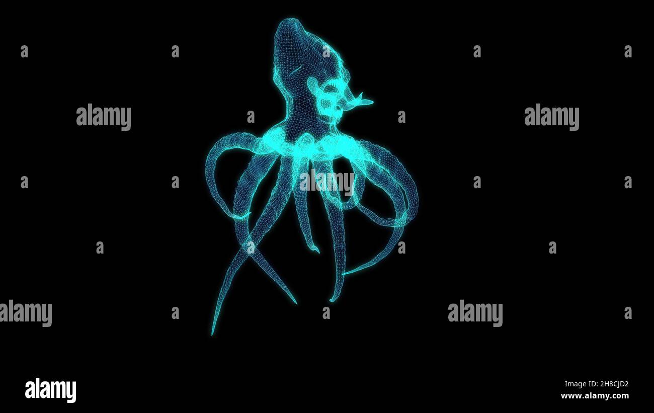 3d illustration - wire frame of Monster Octopus on black background ...