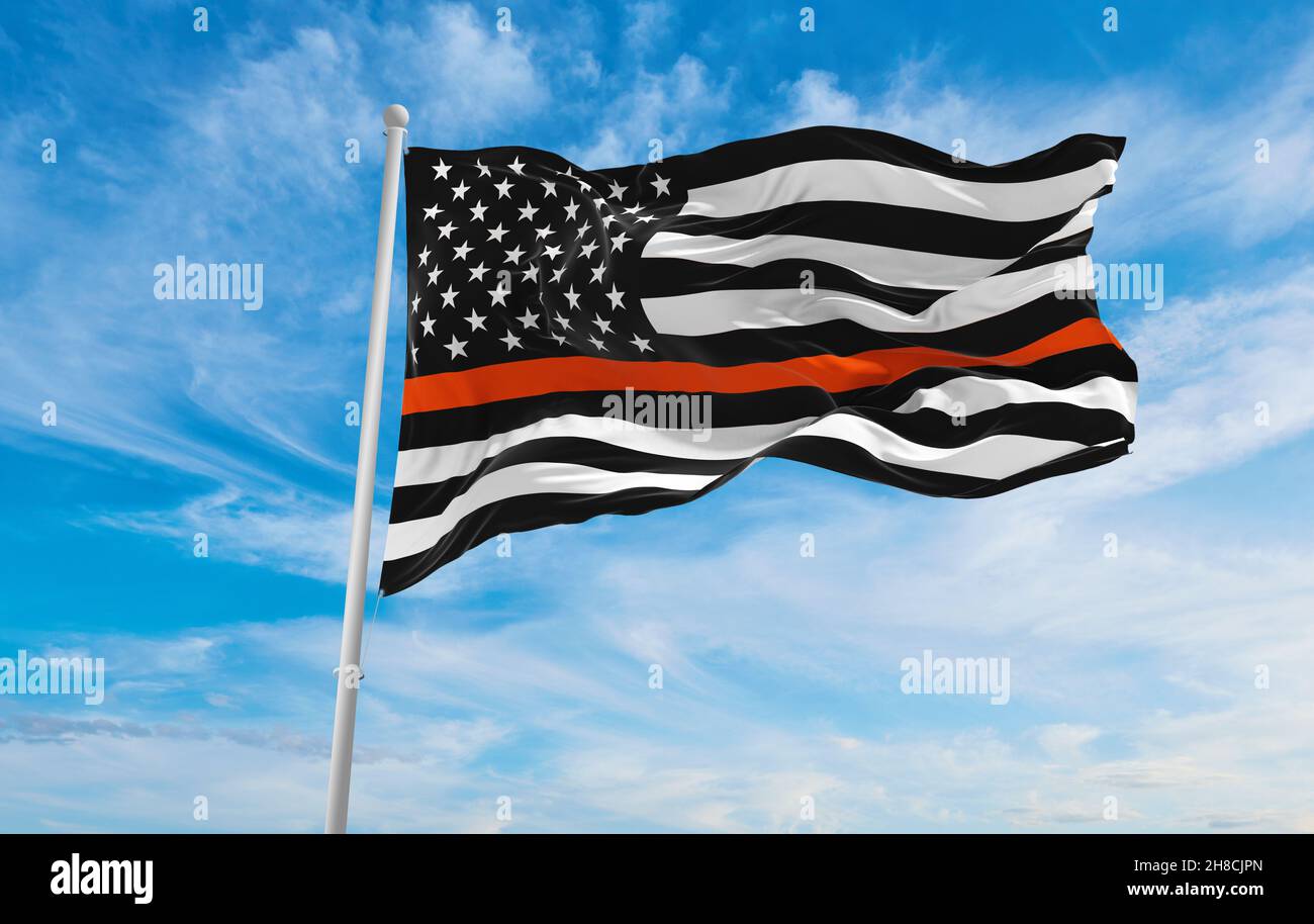 Thin Orange Line USA flag waving at sky background on sunset, panoramic ...