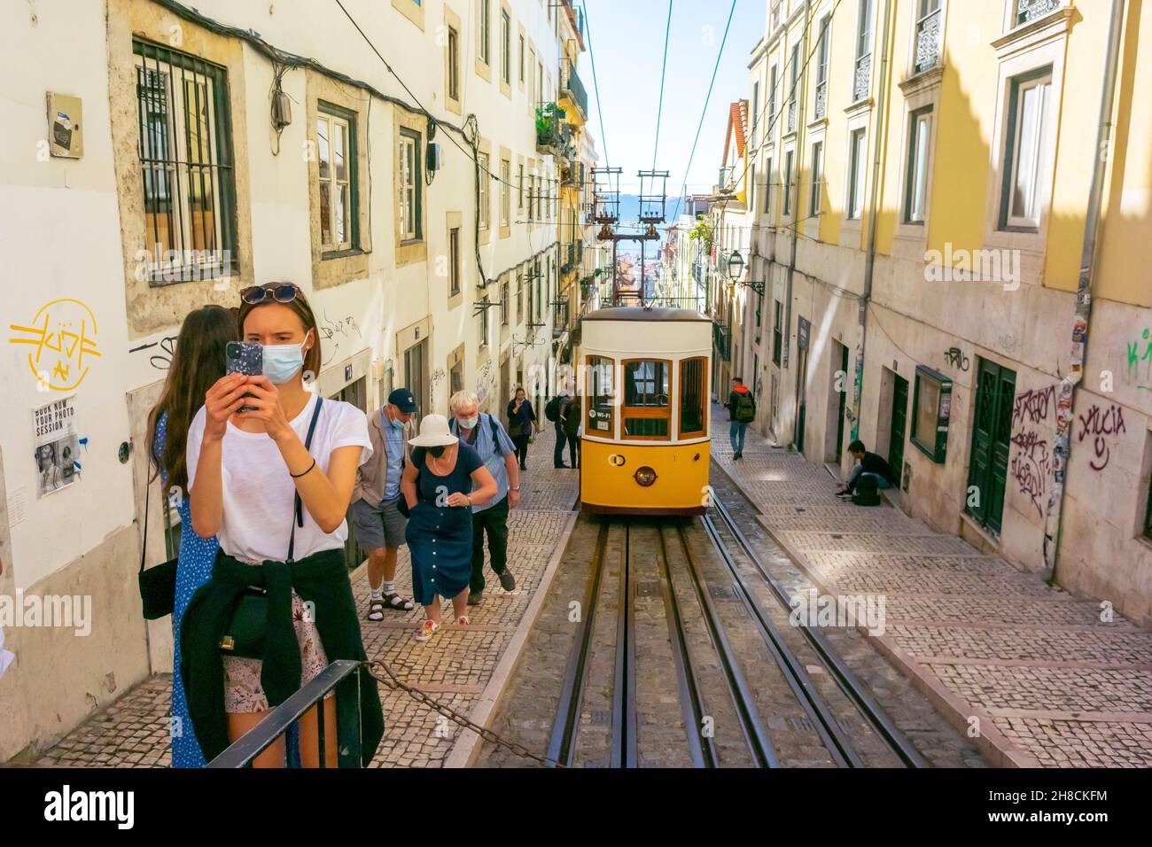 Lisbon, Portugal, Small Crowd People, Tourists taking photos, vintage ...
