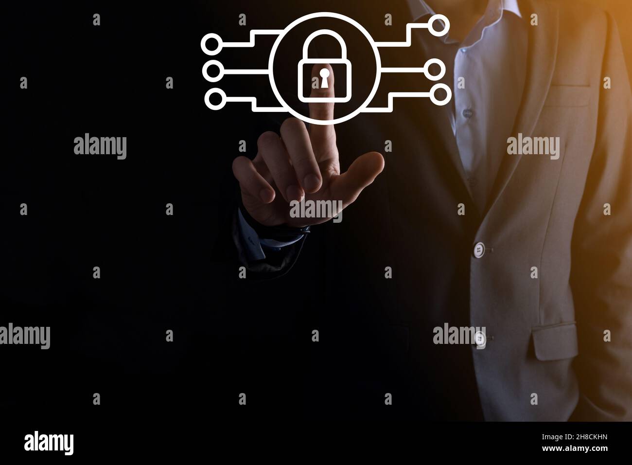 Cyber security network. Padlock icon and internet technology networking. Businessman protecting ...