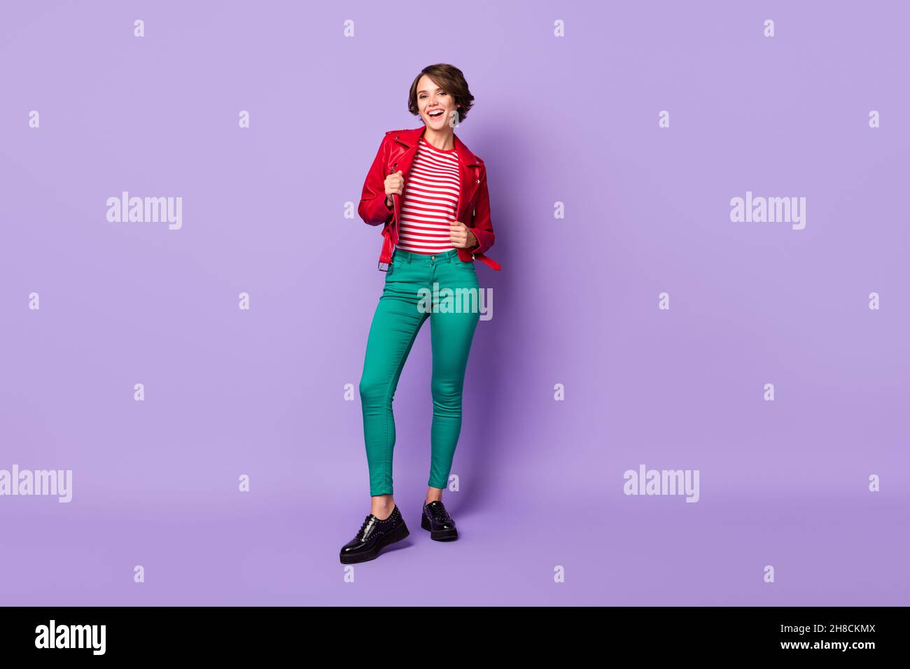 Full body photo of young attractive girl happy positive smile wear ...