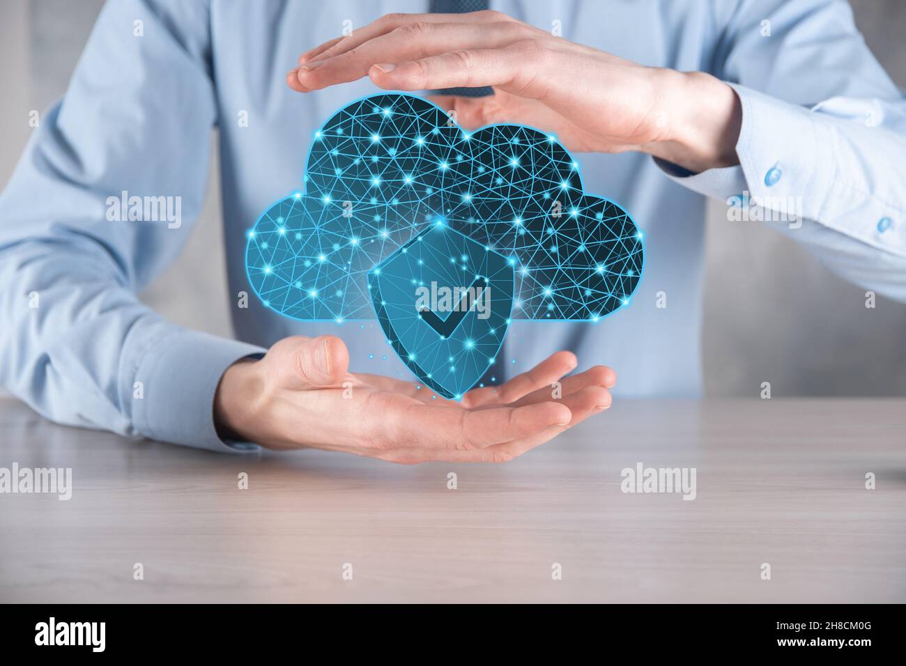 Cloud technology. Polygonal wireframe cloud storage sign with shield ...