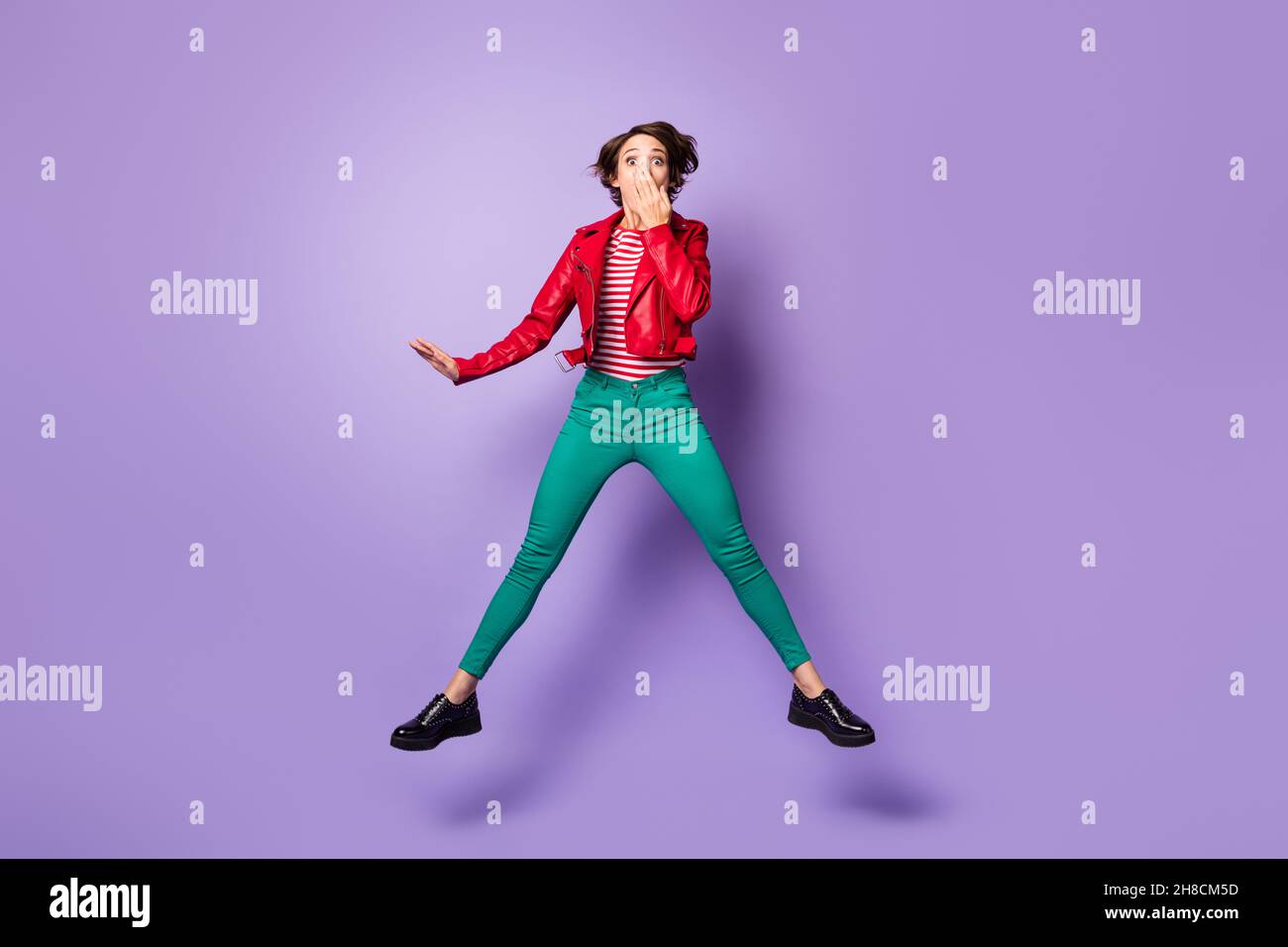 Full body photo of young woman amazed shocked surprised cover hand ...