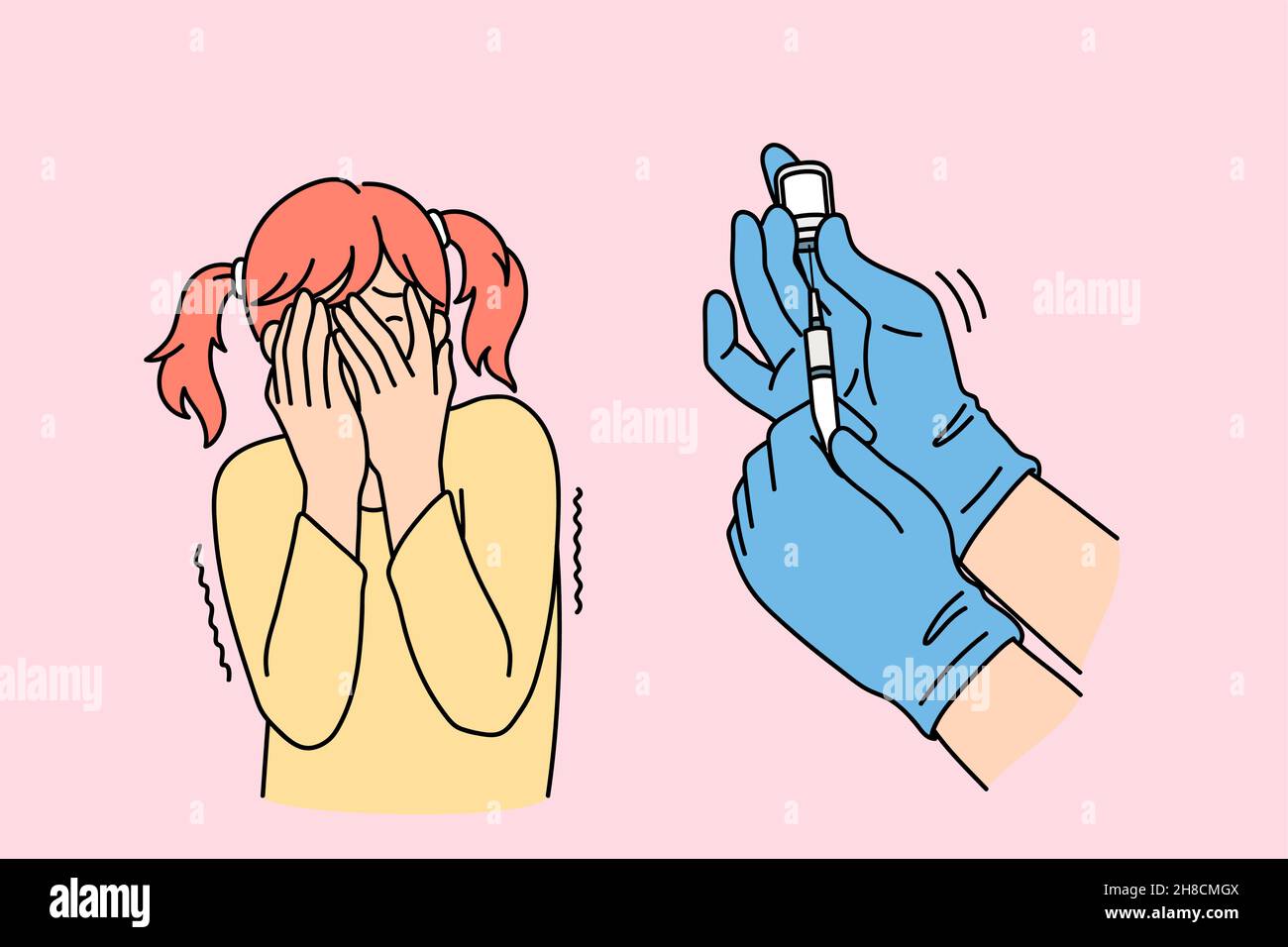 Scared little girl child cover face afraid of injection in hospital ...