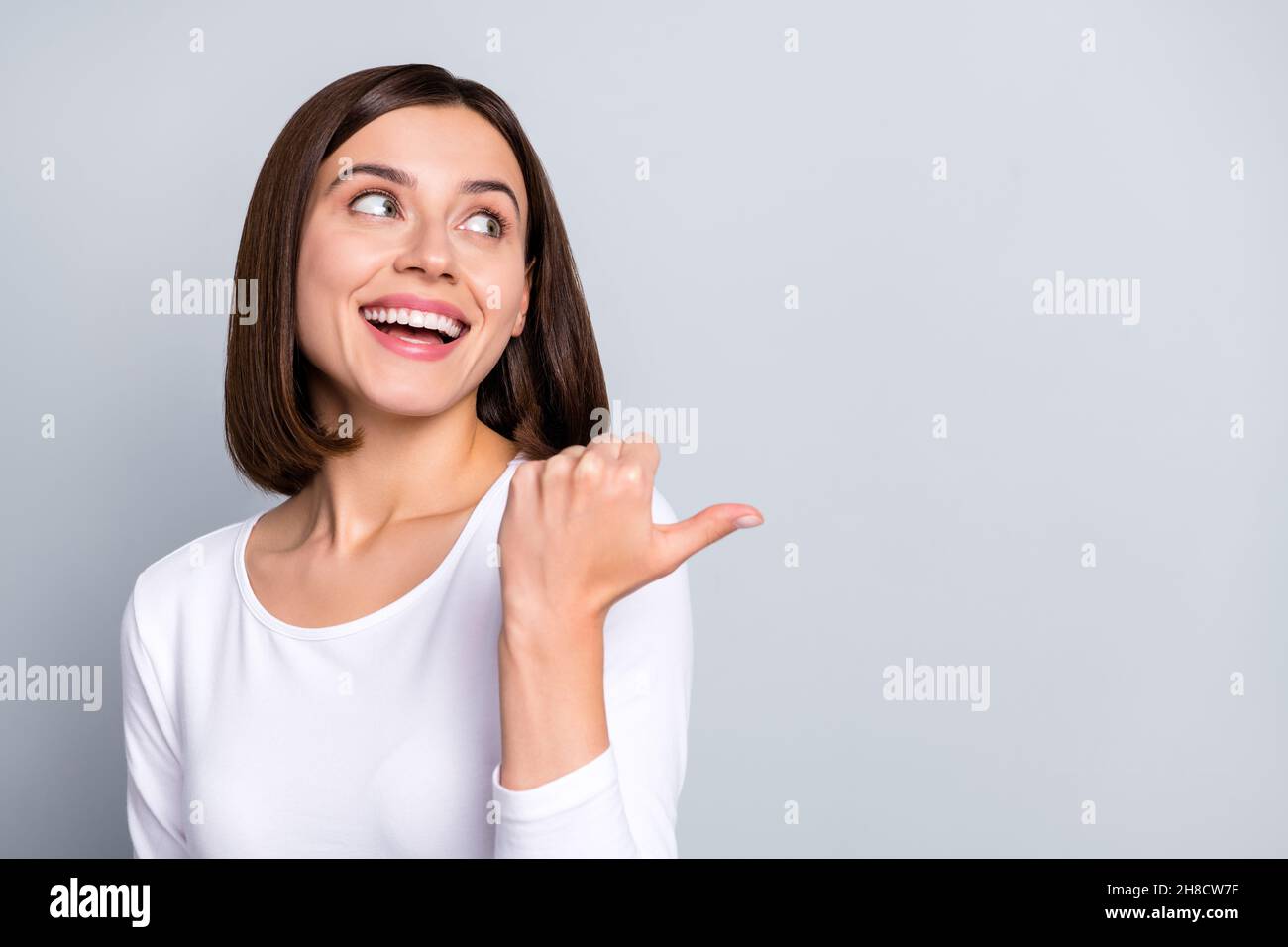 Photo Of Cute Bob Hairdo Millennial Lady Look Index Empty Space Wear