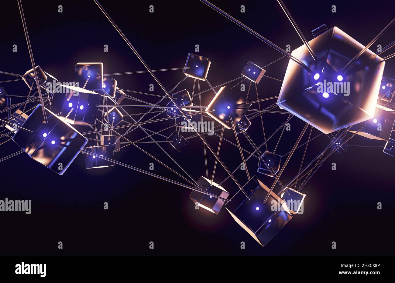 A network of interconnected blocks and lights depicting cryptocurrency blockchain data on a dark ...