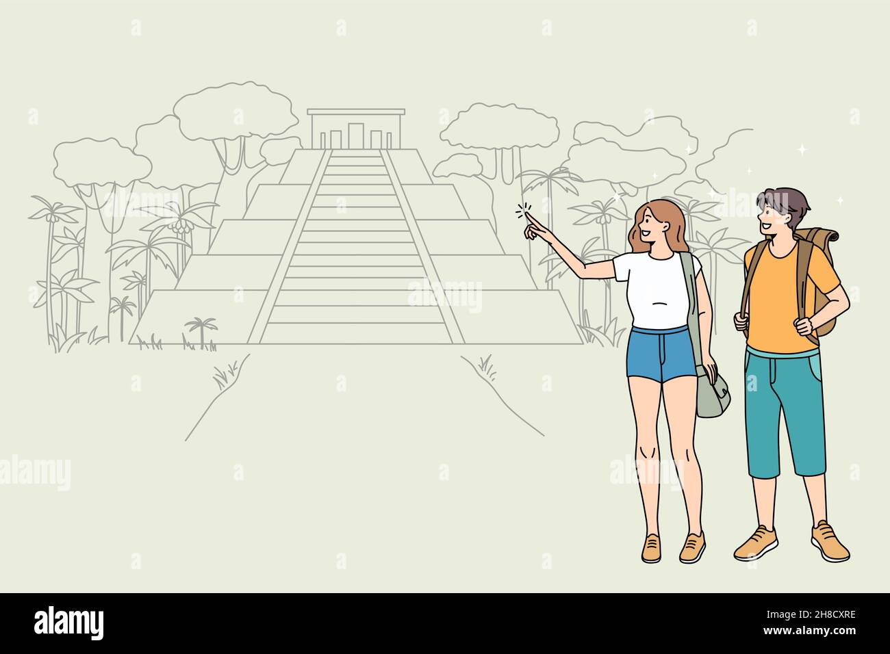 Happy couple tourists explore travel destination in tropical country ...