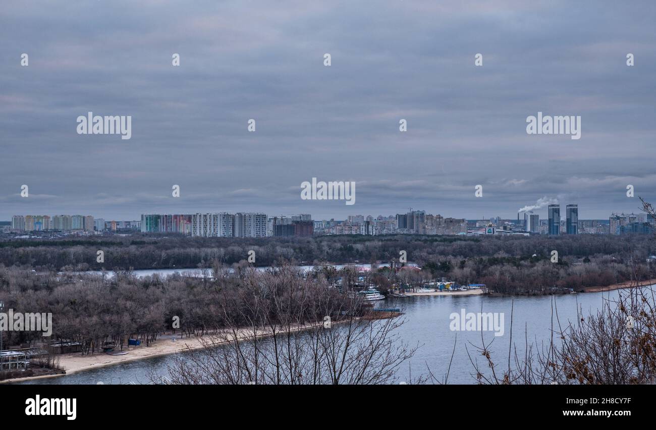 Kyiv, Dnipro river, winter morning, beautiful view on city landscape ...