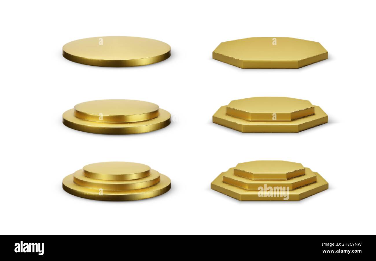 Set of round and hexagonal gold podium platform. Empty stage with ...