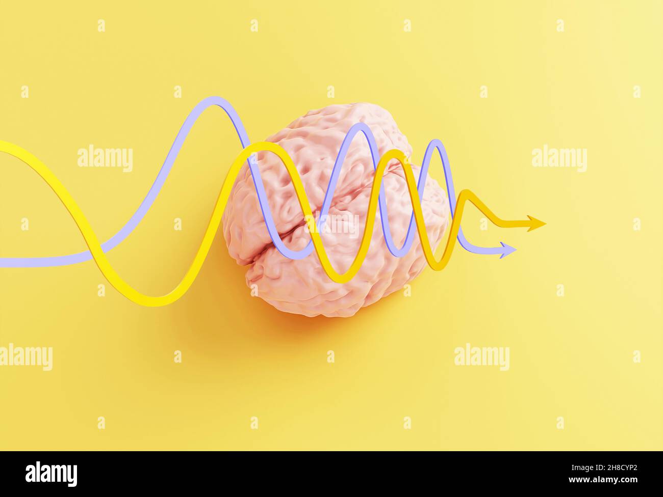 human brain model and curved arrows on yellow background, 3d rendered ...