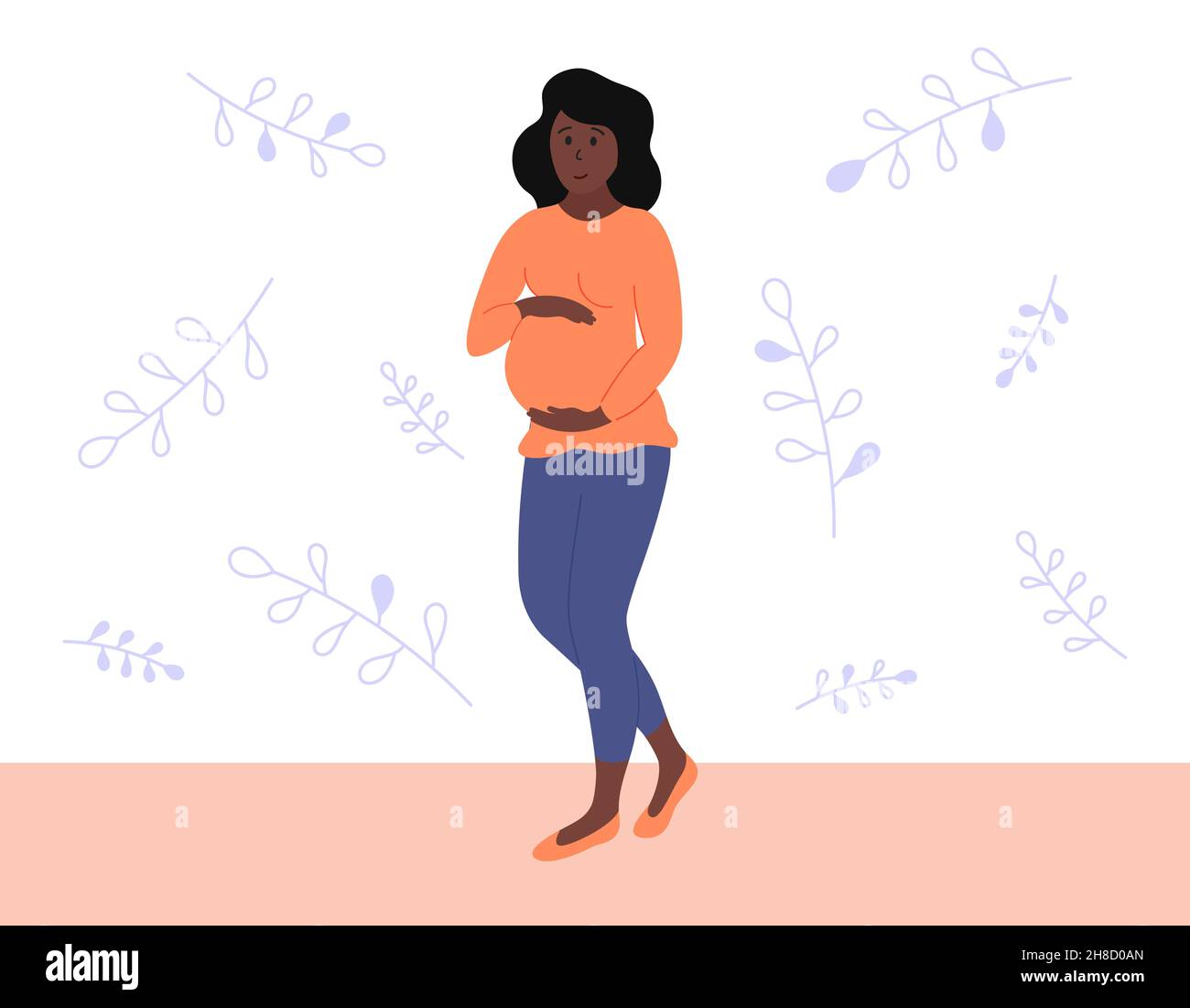 Pregnant Woman Stands Full Height Smiles And Touches Belly Happy
