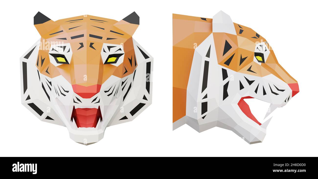 Polygonal Tiger Head in full face and profile isolated on white, 3d ...
