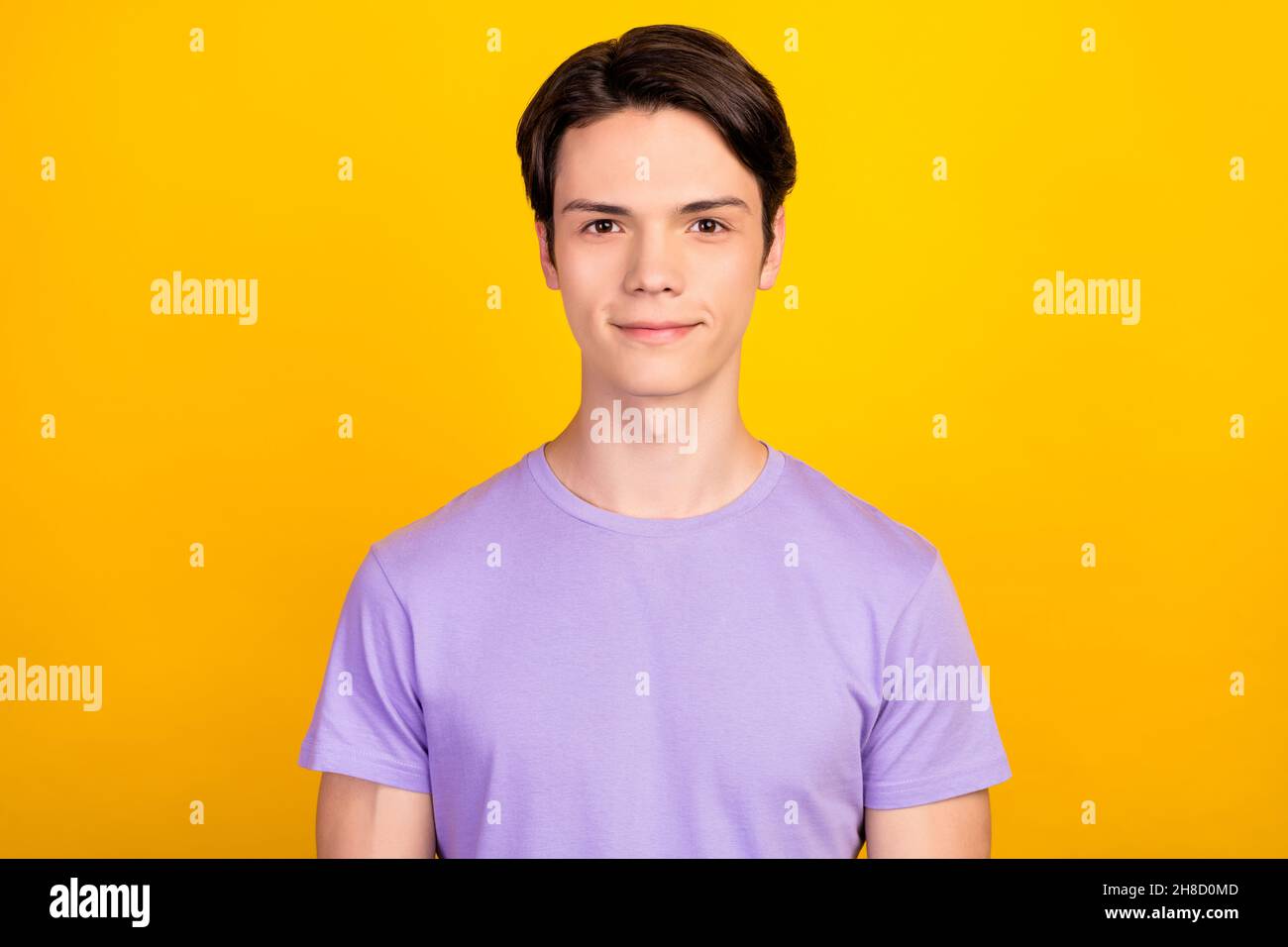 Portrait of attractive cheery content brunette guy wearing violet ...