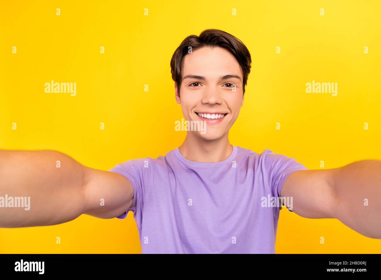Self-portrait of attractive cheerful guy good mood rest free time ...