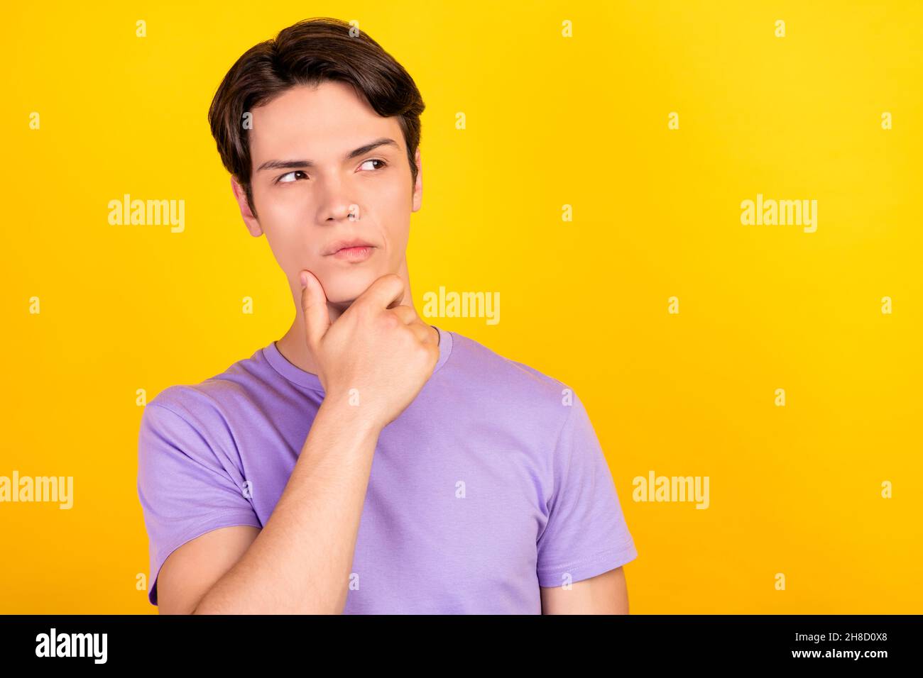 Portrait of attractive suspicious guy overthinking copy blank place ...