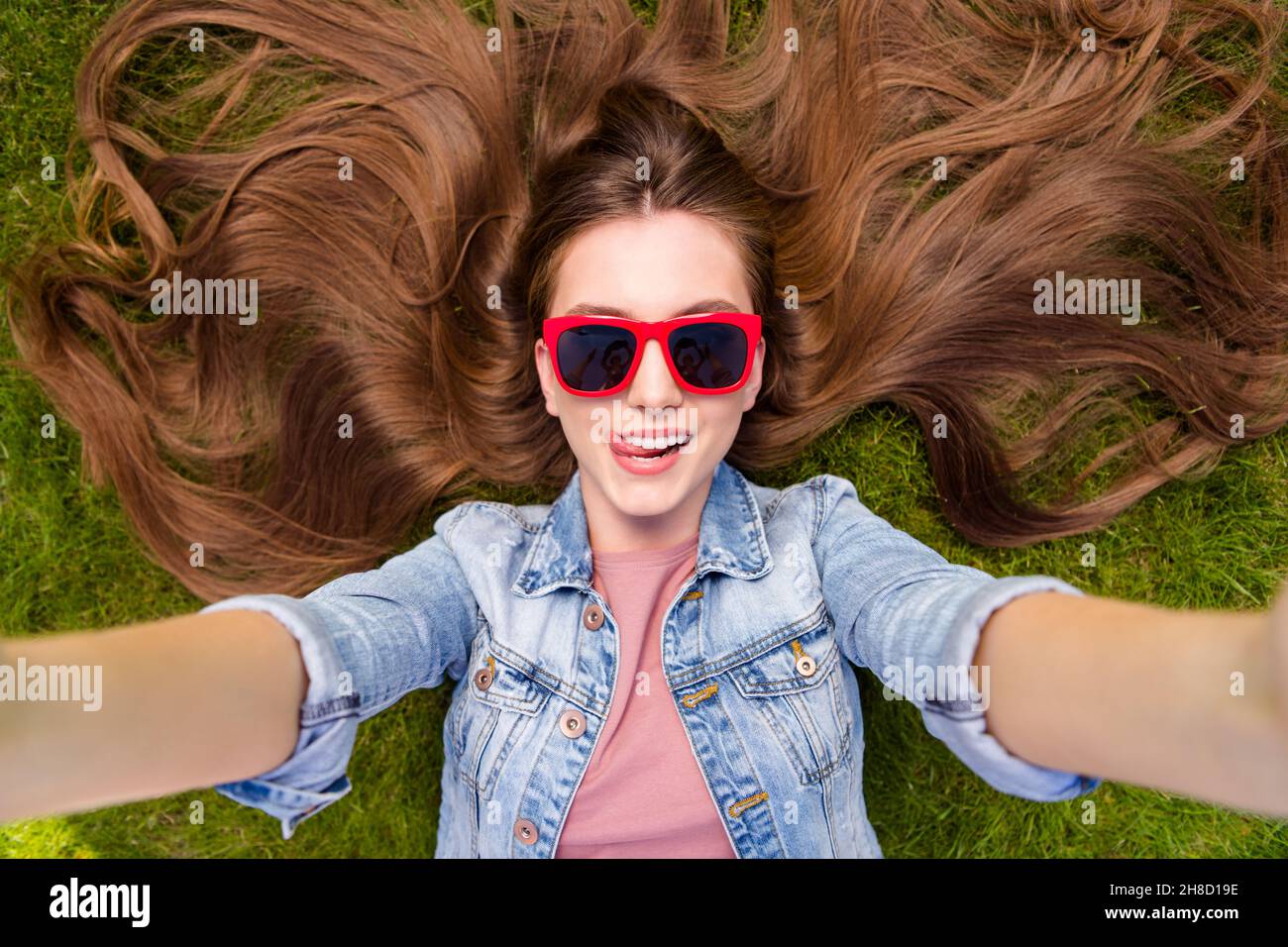 Top above high angle view photo of young girl happy positive smile ...