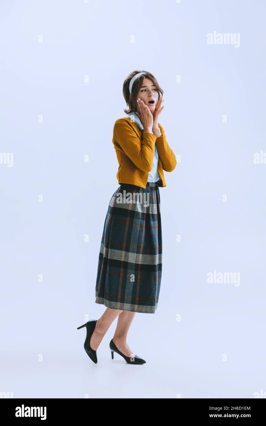 Portrait of emotional young woman in retro style clothes, vintage ...