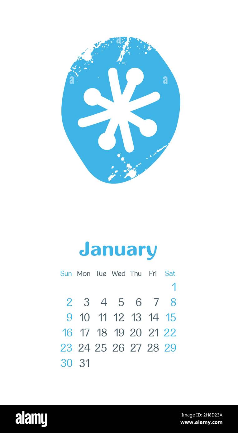 Calendar 2022 months January. Week starts from Sunday. Hand drawn with ...