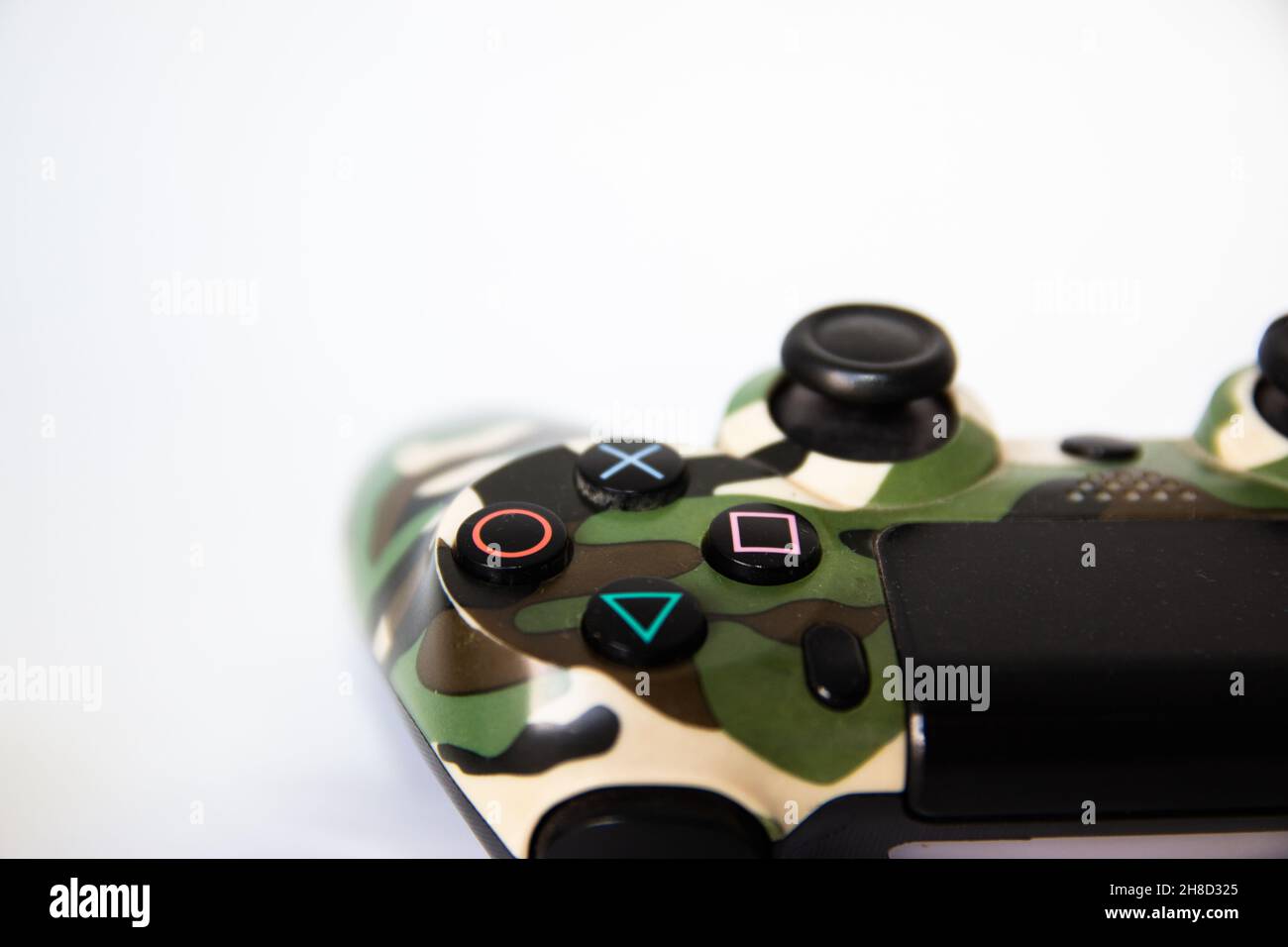 Closeup of a modern joystick with a camouflage print isolated on a ...