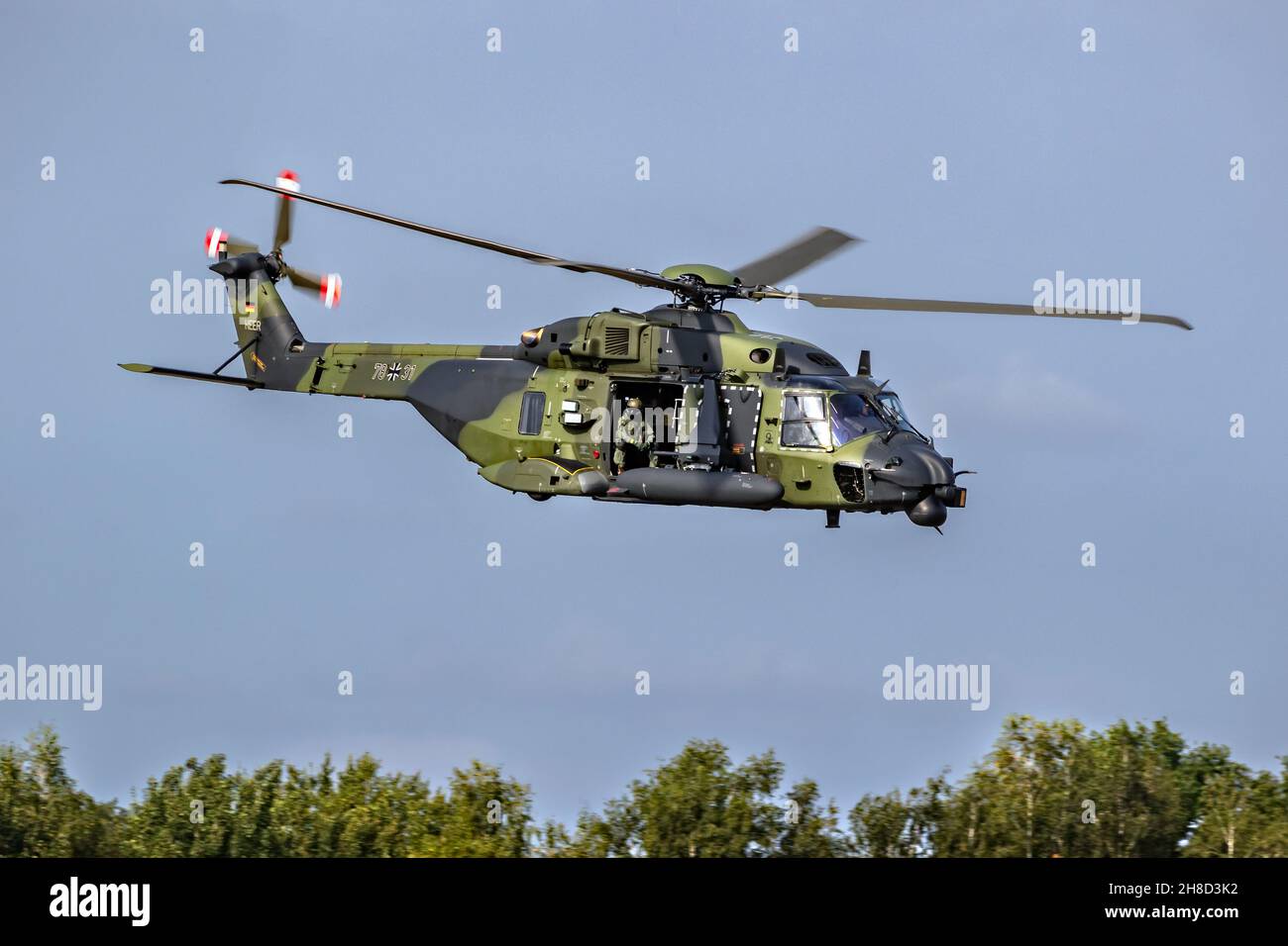 German Army NH90 transport helicopter taking off from Kleine-Brogel Air Base, Belgium ...