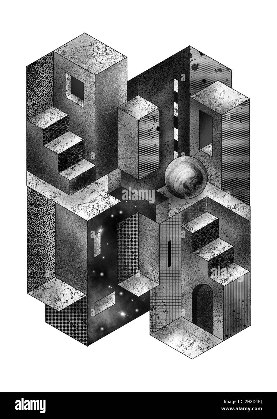 Isometric black and white M.C. Escher Style Stock Photo - Alamy