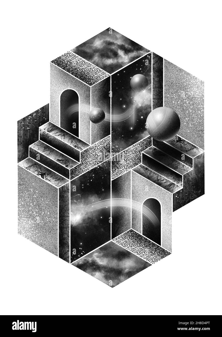 Isometric black and white M.C. Escher Style Stock Photo - Alamy