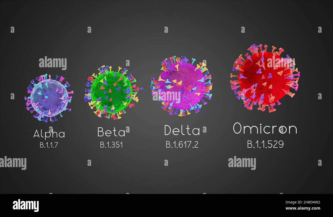 SARS-CoV-2, Covid-19 virus variants: alpha, beta, delta, omicron - 3D ...