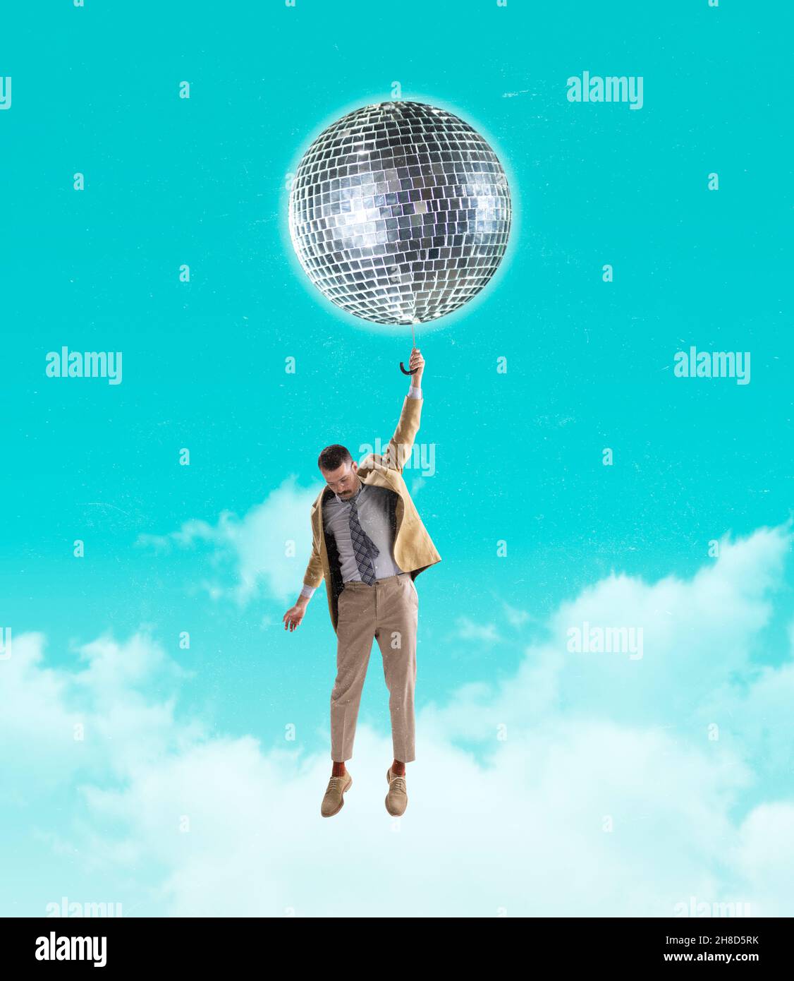 Creative design. Contemporary art collage of man flying on disco ball ...