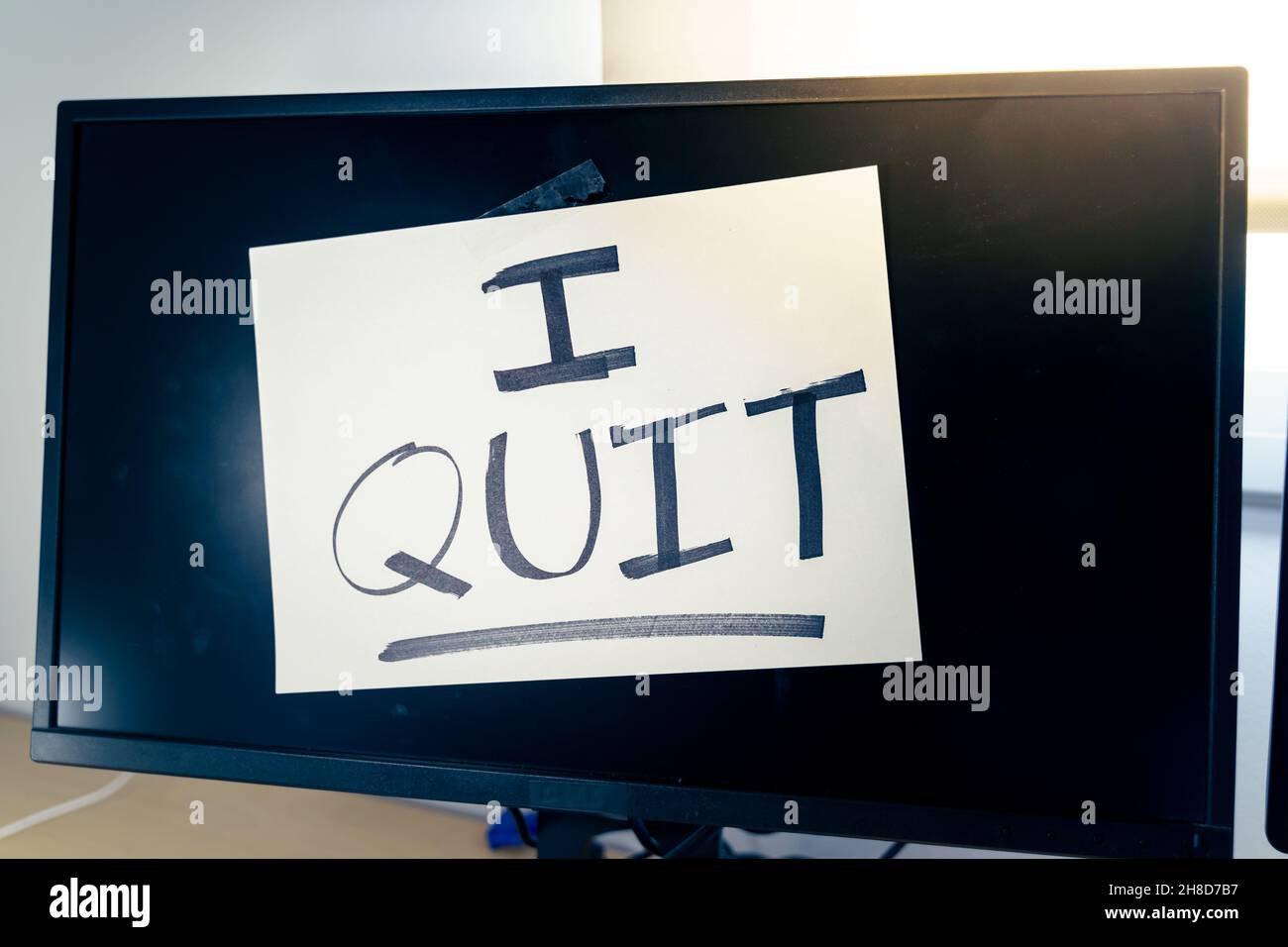 Note on a monitor of a work computer with the text I QUIT. Great ...