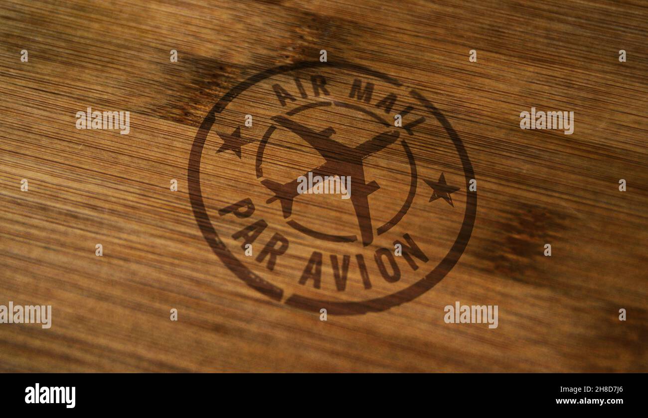 Air Mail stamp printed on wooden box. Retro par avion post letter ...