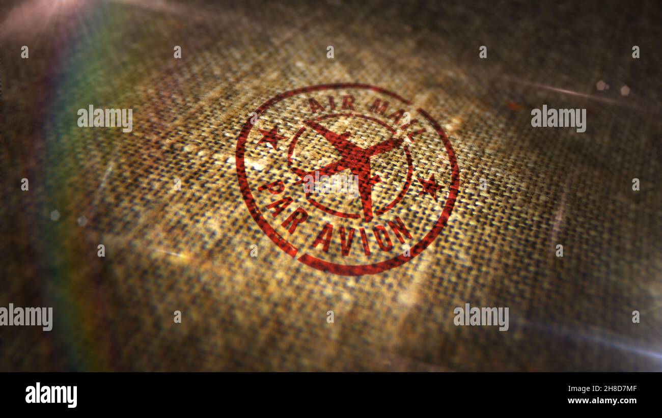Air Mail stamp printed on linen sack. Retro par avion post letter ...