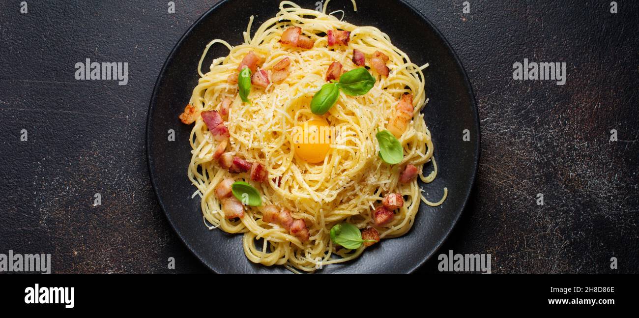Pasta spaghetti carbonara with bacon, parmesan cheese, egg yolk and ...