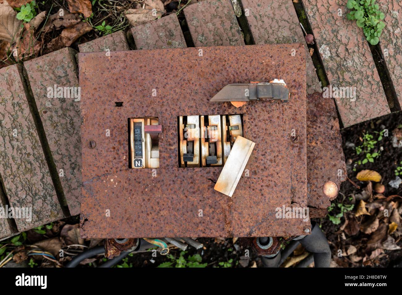 An old rusty fuse box discarded outdoors, UK Stock Photo - Alamy