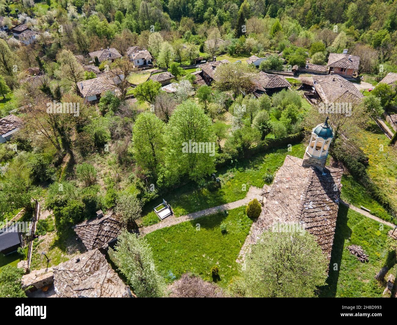 Aerial Spring view of village of Bozhentsi, Gabrovo region, Bulgaria ...
