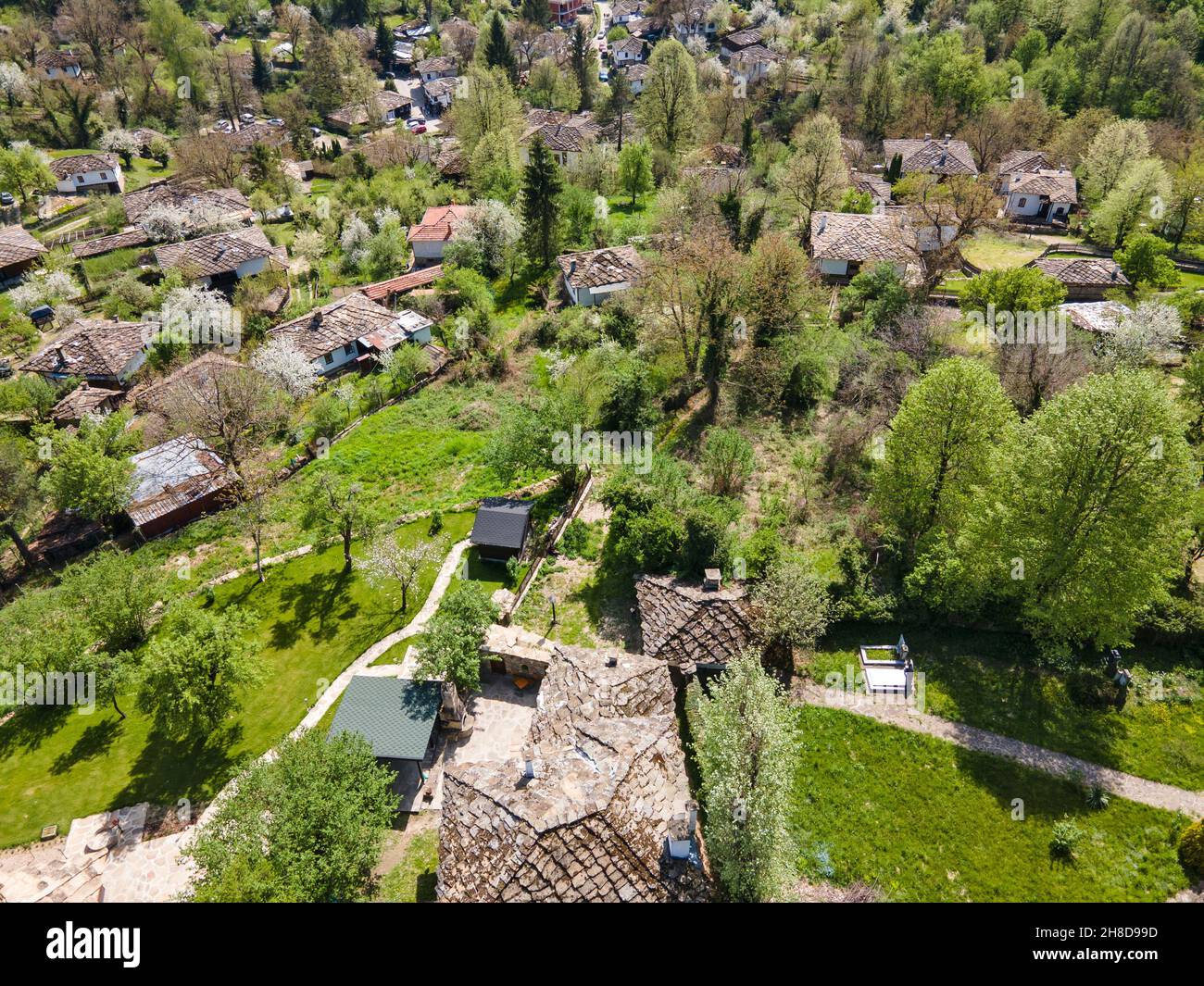 Aerial Spring view of village of Bozhentsi, Gabrovo region, Bulgaria ...