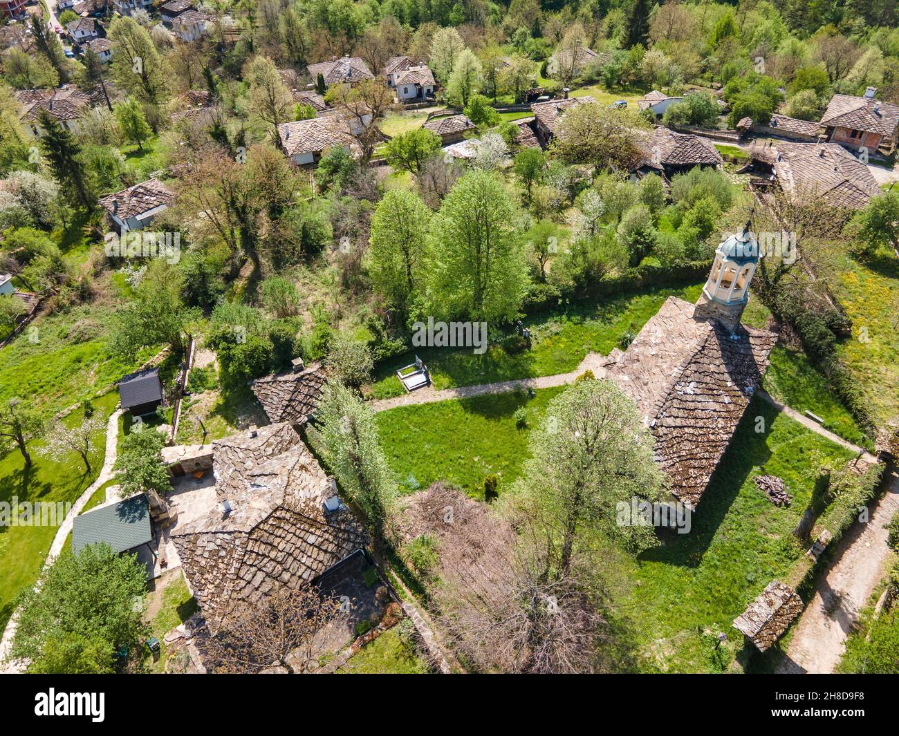 Aerial Spring view of village of Bozhentsi, Gabrovo region, Bulgaria ...