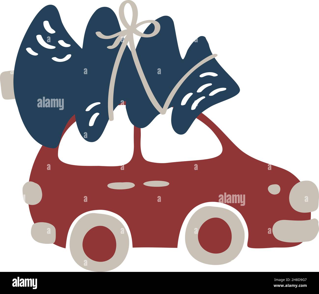 Vector hand drawn red car with Christmas tree on white isolated ...