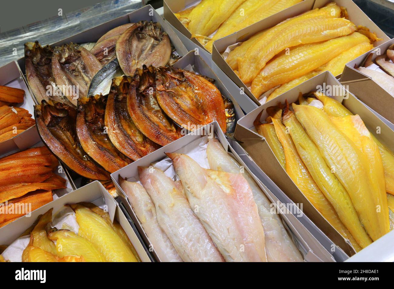 Smoked fish fillets at Billingsgate Fish Market in Poplar, London, UK ...