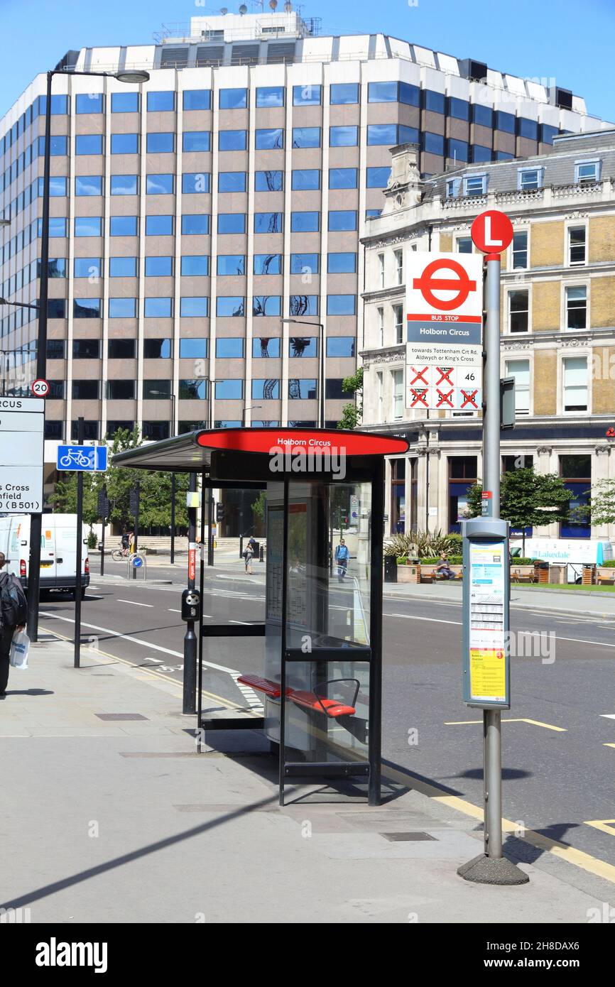 LONDON, UK - JULY 6, 2016: Bus stop sign in Holborn Circus, London UK ...