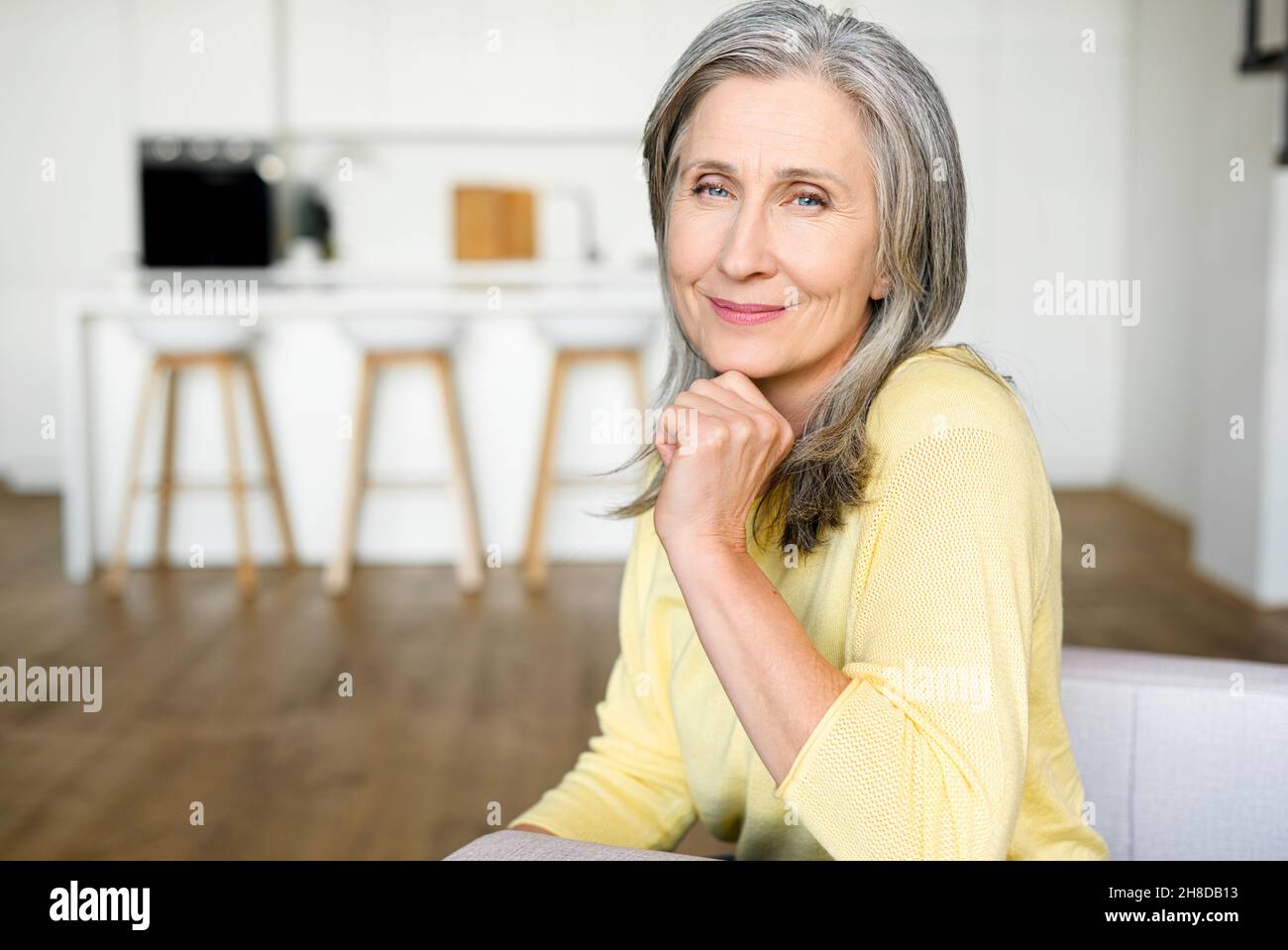 Elegant charming middle-aged woman with gray hair sitting on the ...
