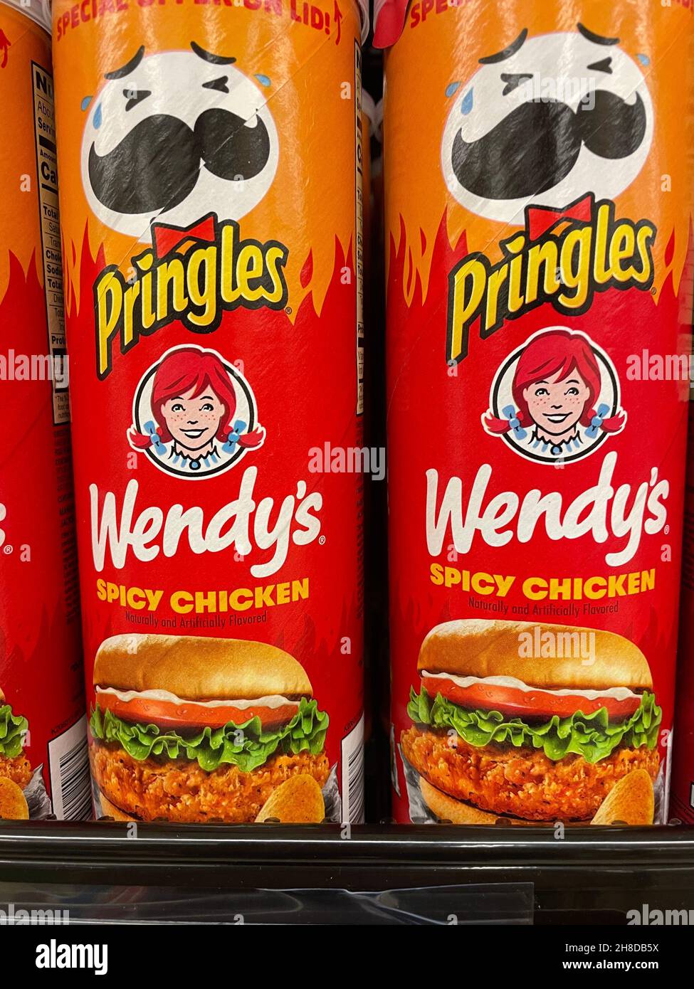 Augusta, Ga USA - 06 25 21: Wendys hamburger flavored Pringles in a row ...