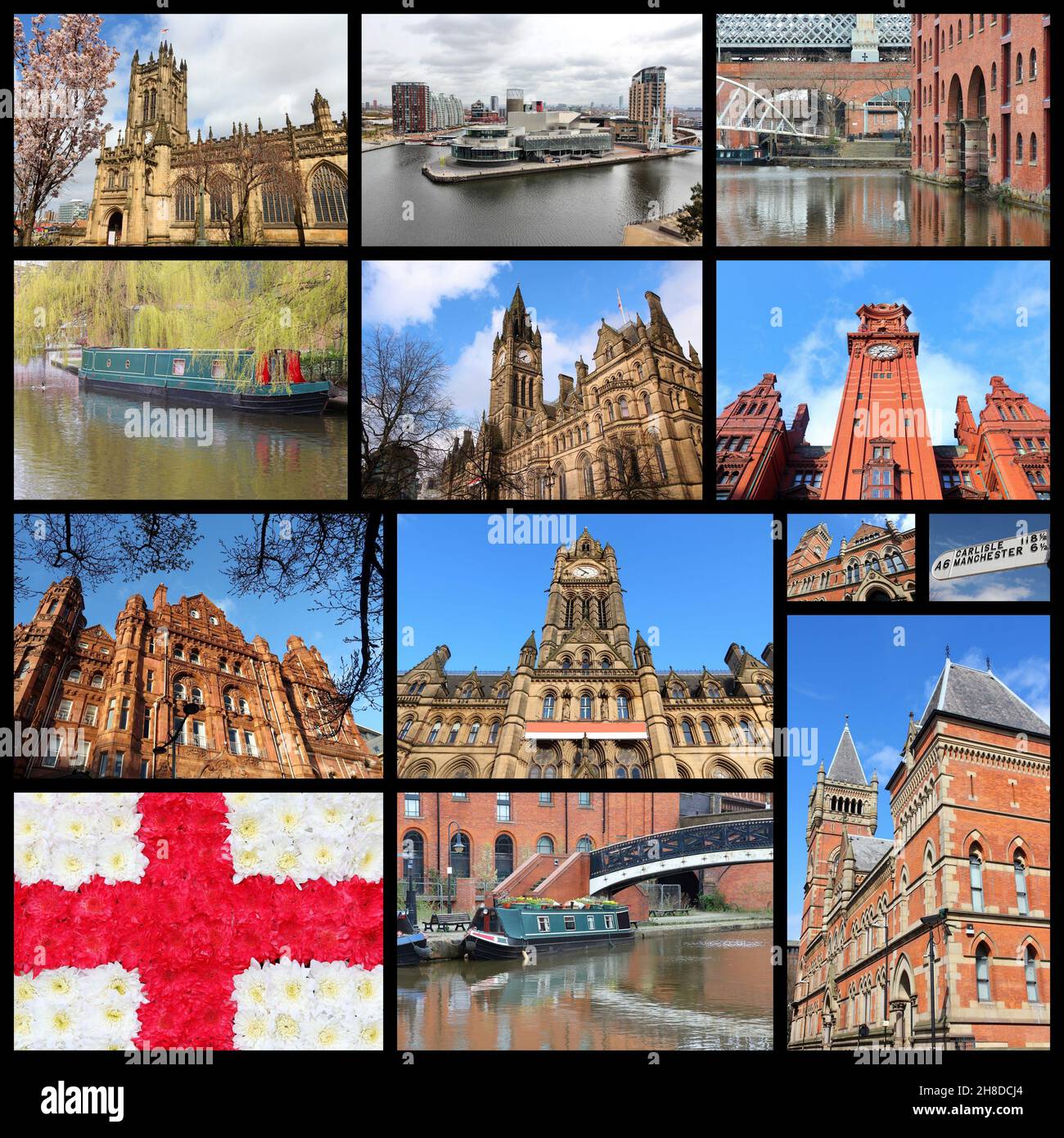 Manchester, UK travel photos collage. Collage includes major landmarks ...